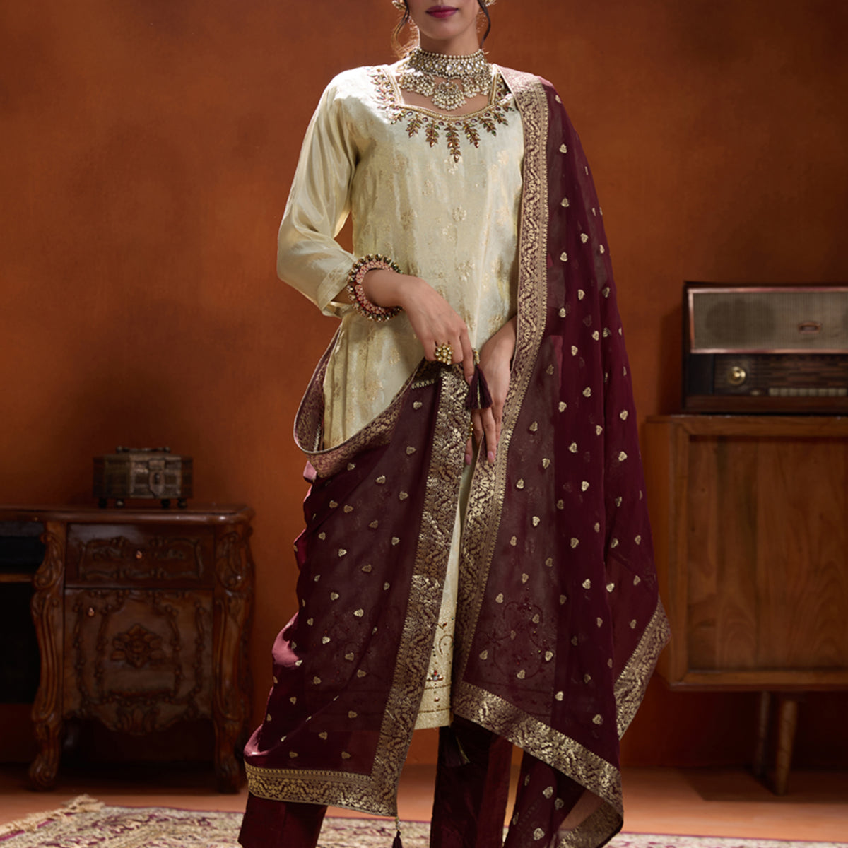 Shop Embroidered Shimmer Silk Suit 4076 Online - Women Plus