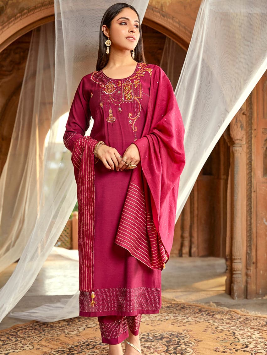 Shop Embroidered Butter Silk Suit Set 3734 Online - Women Plus
