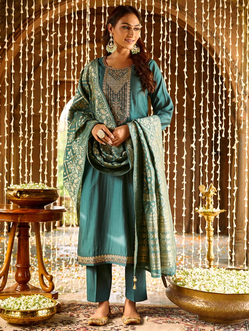 Shop Embroidered Silk Suit Set 3787 Online - Women Plus